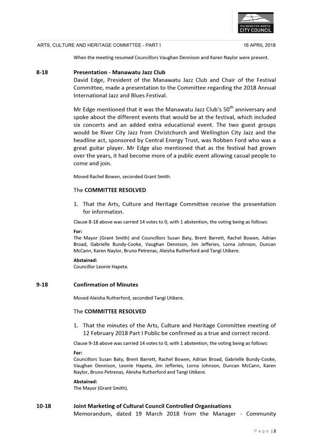 Agenda of Arts, Culture and Heritage Committee - 25 June 2018